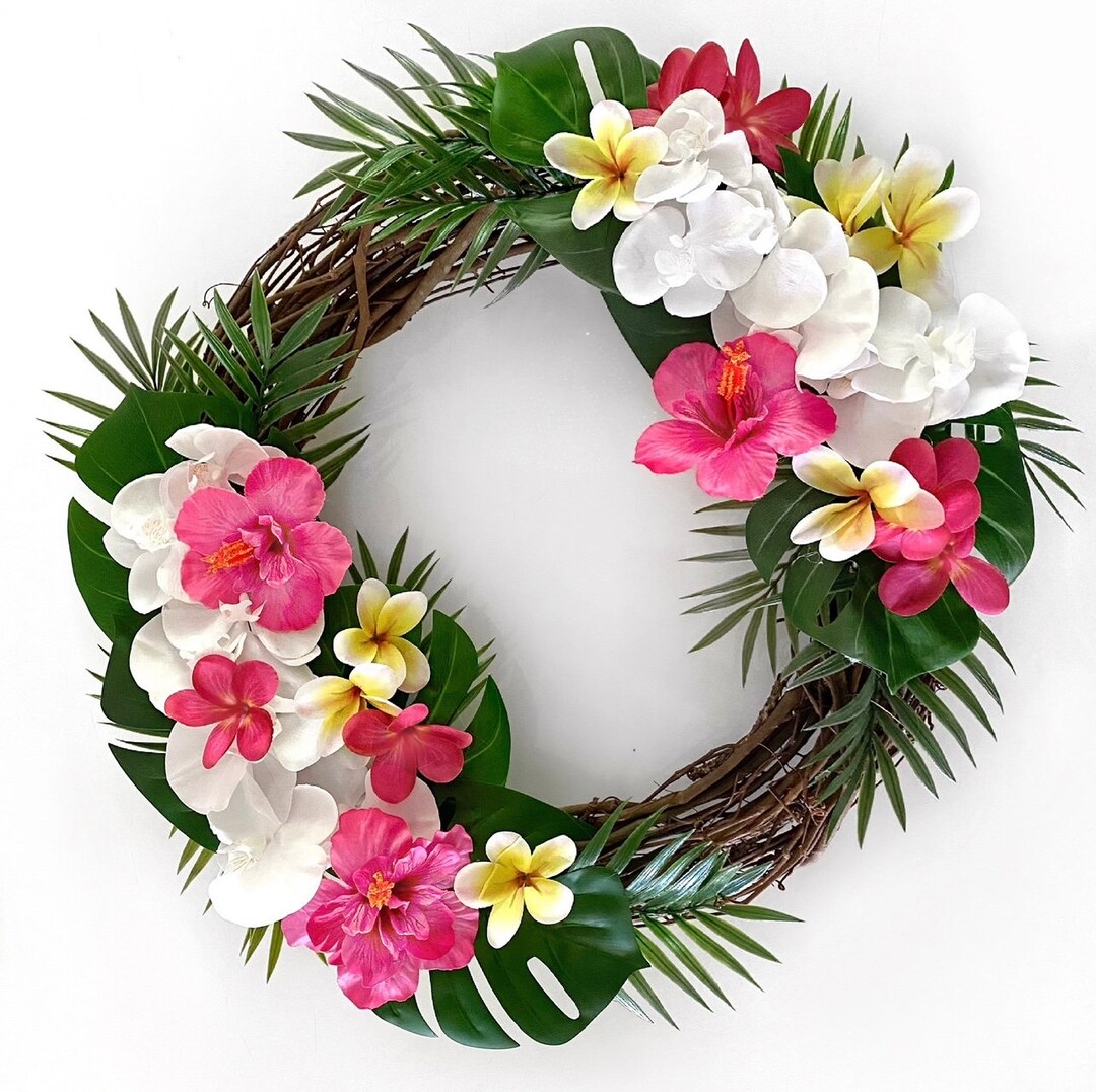 Aloha Hawaiian Wreath- Tropical Green Palms With Pink + Yellow Hibiscus ...