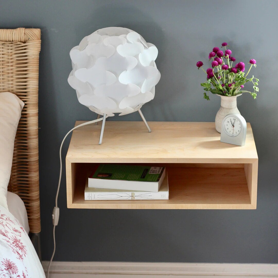 Set of 2 Floating Bedside Table in Solid Wood | Angled Edges With Open ...