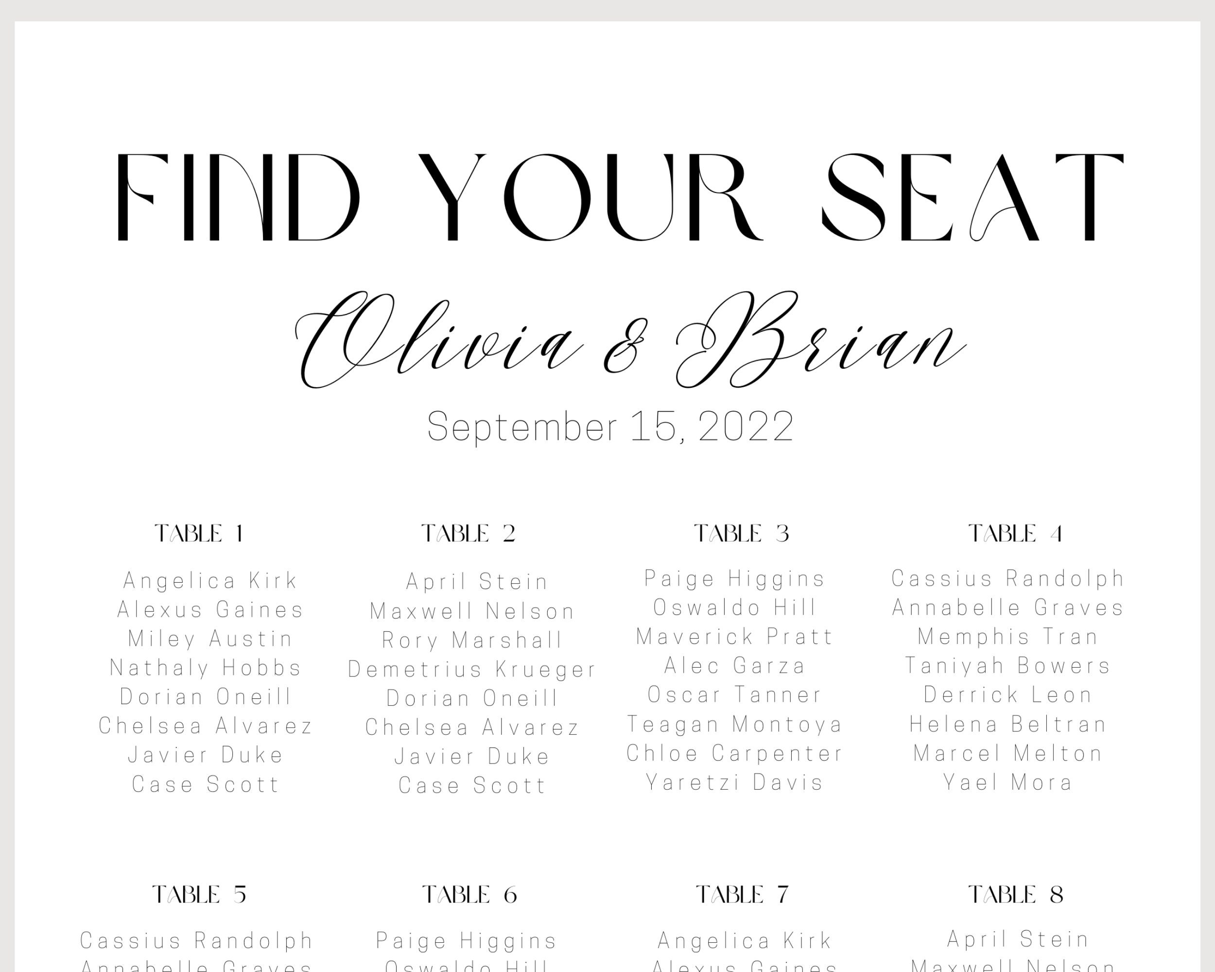 Traditional Wedding Seating Chart Template | Printable Seating Chart ...