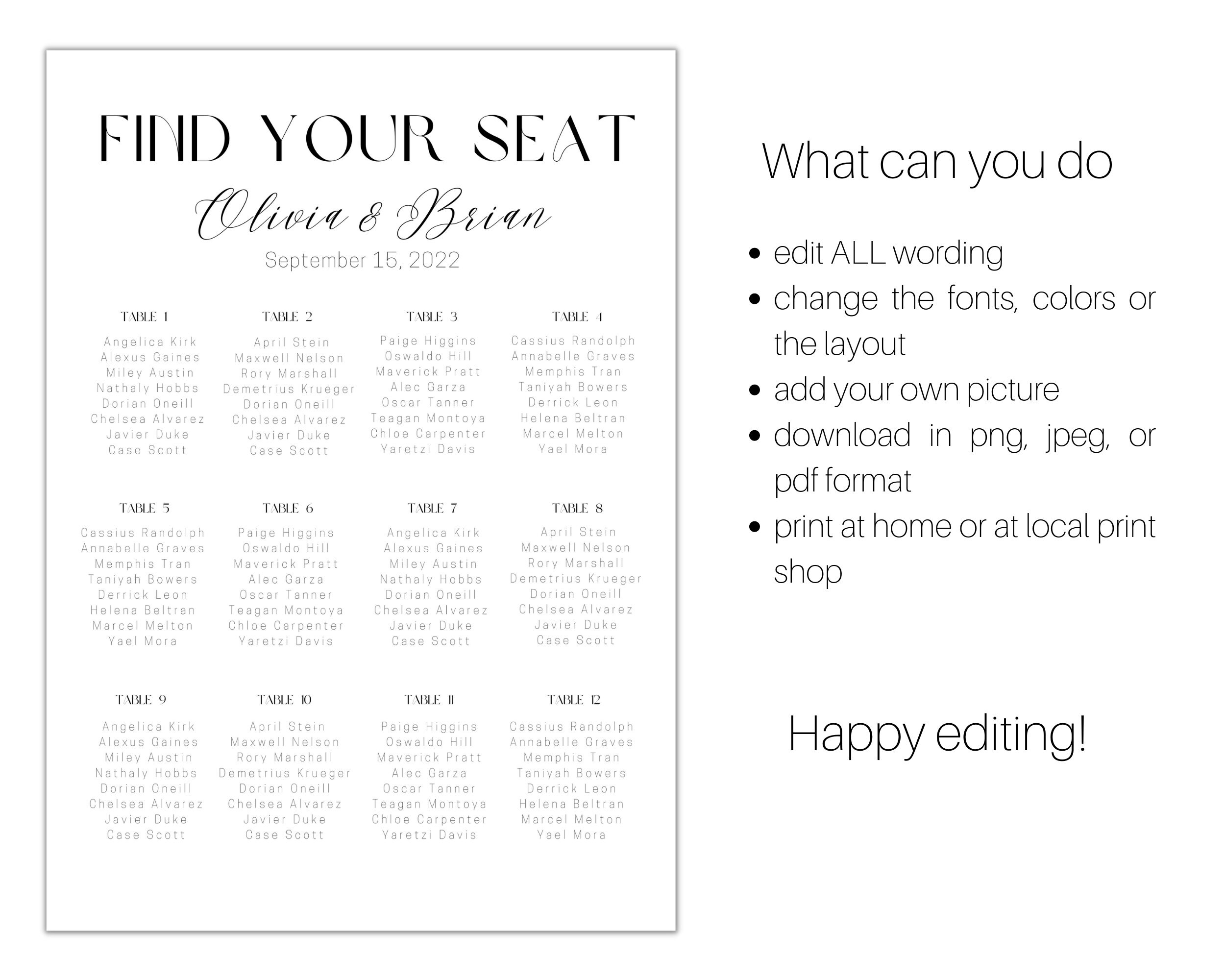 Traditional Wedding Seating Chart Template | Printable Seating Chart ...