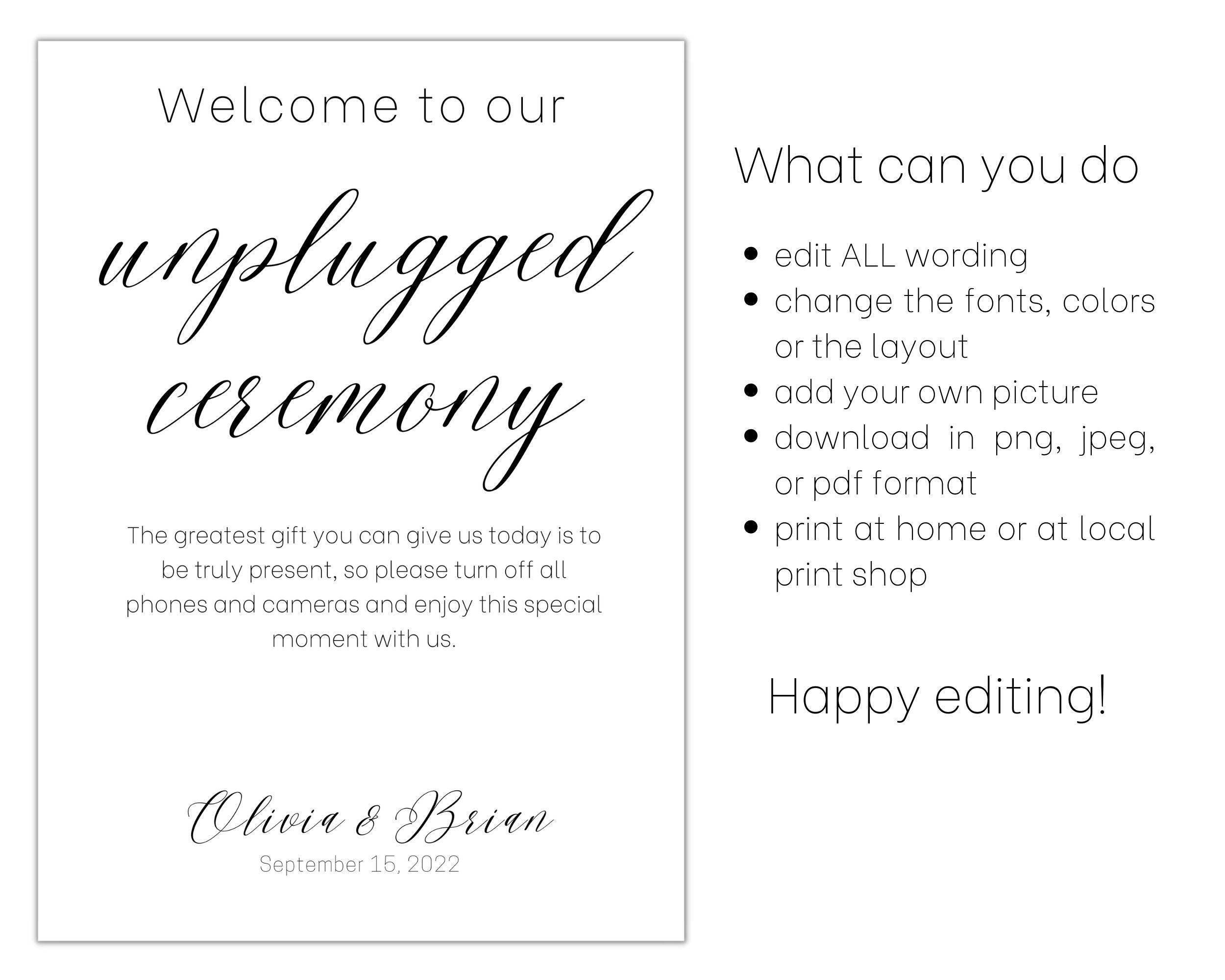 Unplugged Wedding Ceremony Sign Template | Unplugged Wedding Sign ...