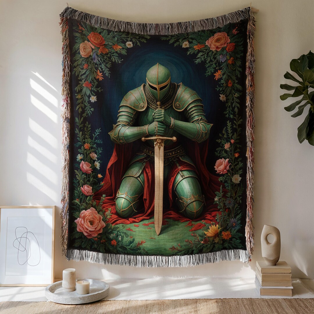 Knight and Floral Woven Blanket: Medieval Fantasy Art Tapestry - Etsy