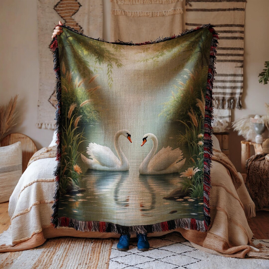 Serene Swan Lovers Woven Blanket, Romantic Swan Tapestry, Nature Wall ...