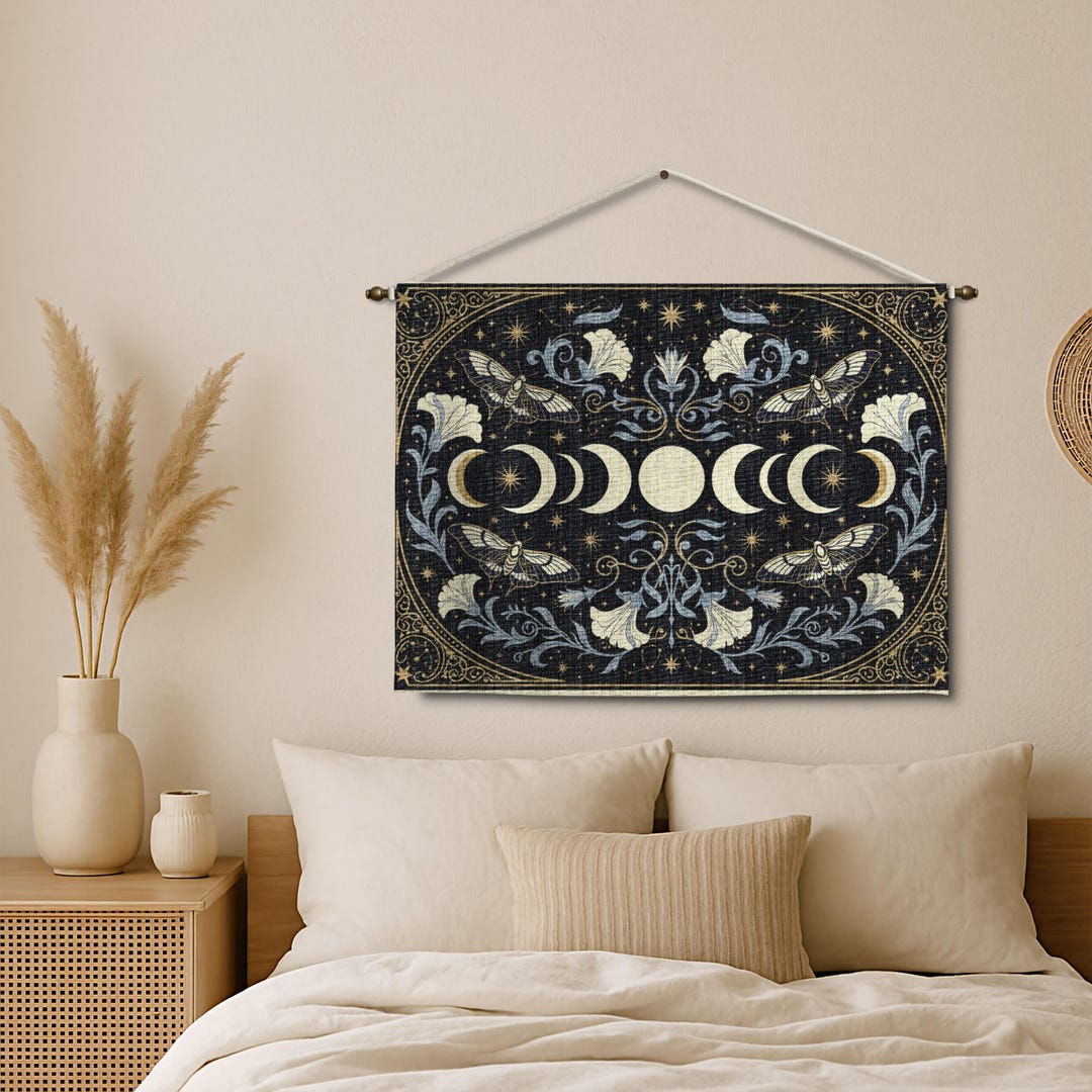 Moth and Moon Phases Woven Tapestry, Celestial Bohemian Wall Art - Etsy