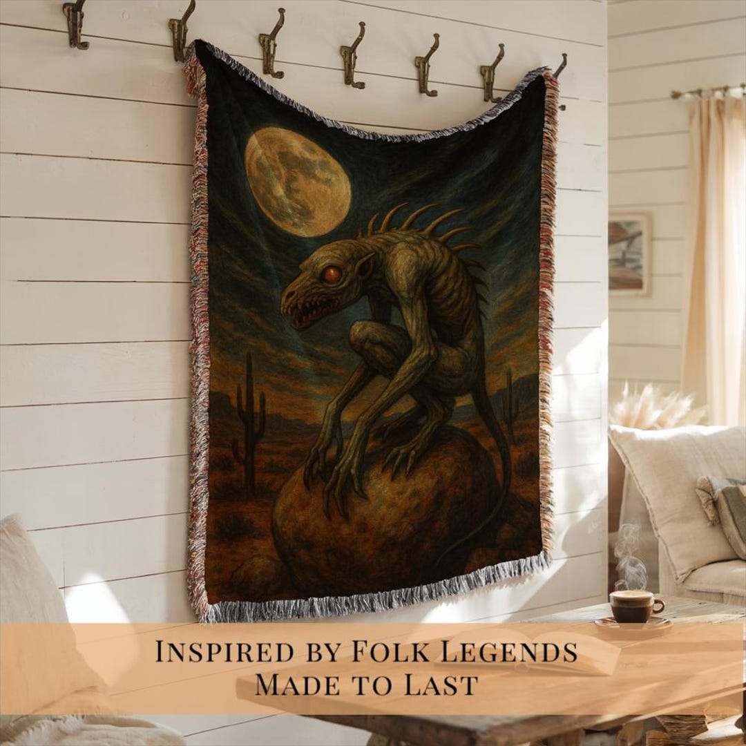 Chupacabra Woven Blanket, Cryptid Creature Throw, Full Moon Horror Tapestry, Southwestern Myth ...