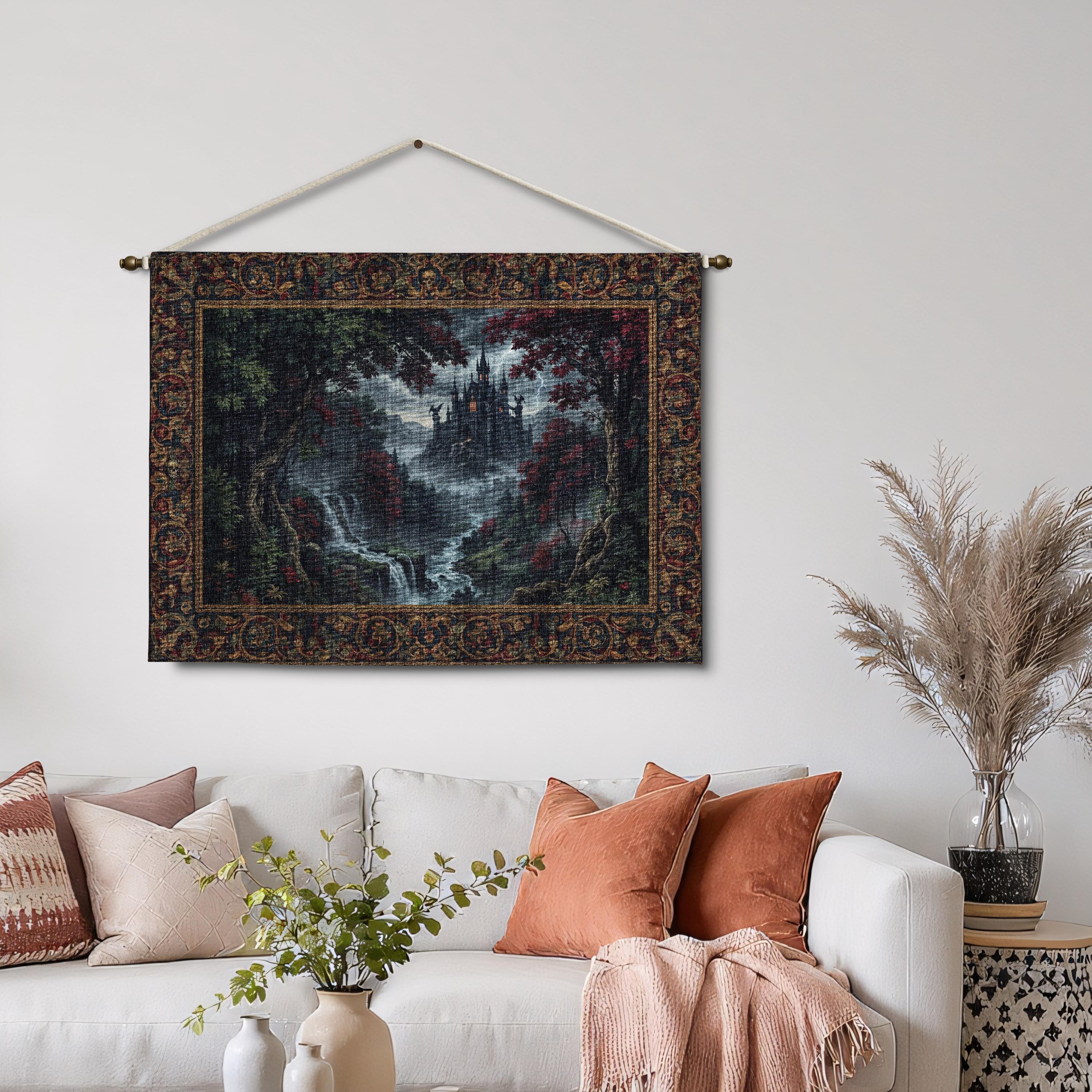 Medieval Gothic Castle Woven Tapestry, Dark Academia Decor, Waterfall ...