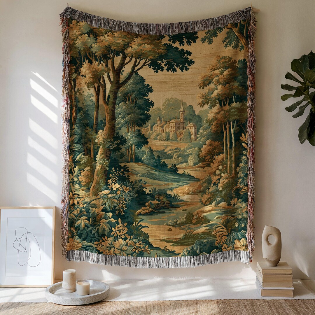 Woven Medieval Castle Cotton Tapestry: Forestcore Castle Decor Blanket ...