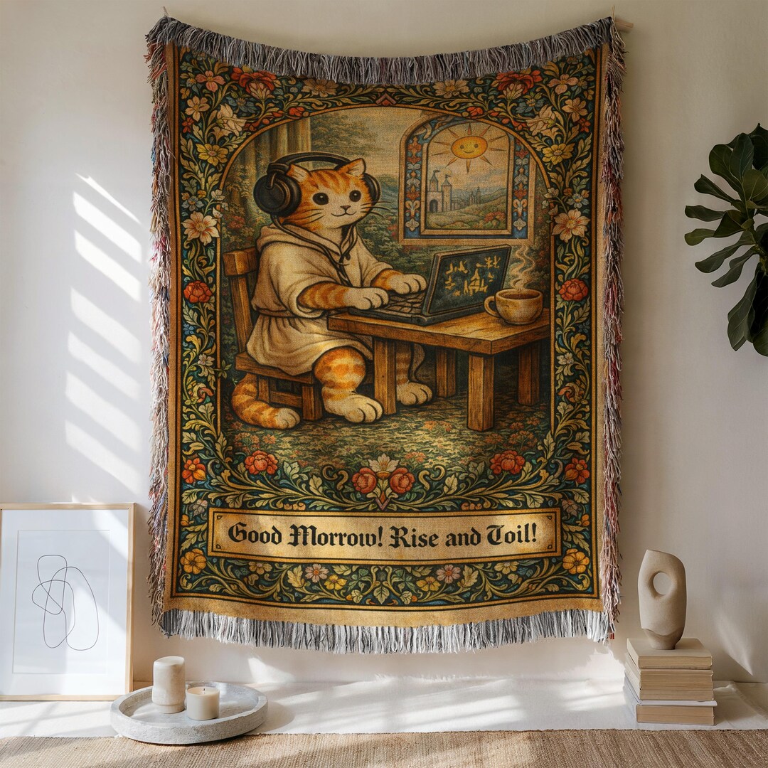 Medieval Cat Blanket, Work From Home Sherpa Throw, Funny Feline ...