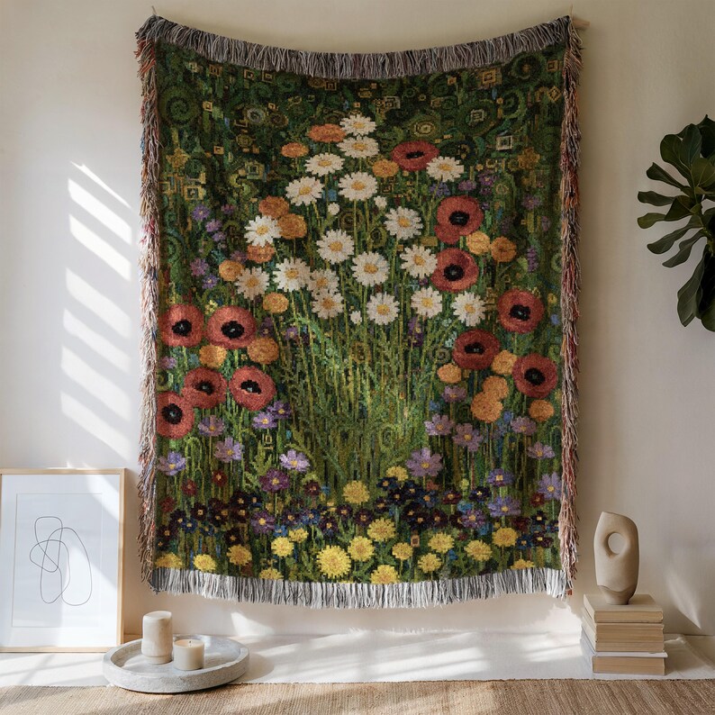 Gustav Klimt Flower Garden Woven Blanket, Art Nouveau Floral Tapestry ...