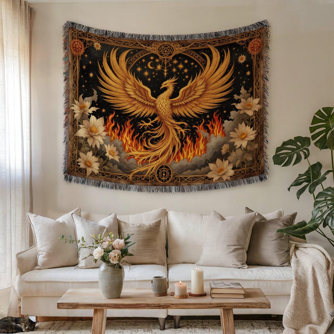 Phoenix Tapestry Blanket, Floral Firebird Design, Starry Night Boho ...