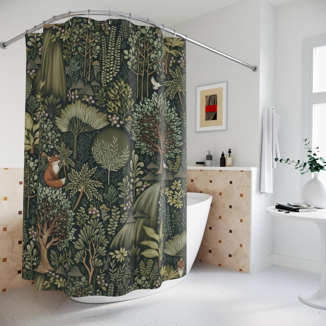Enchanted Forest Shower Curtain: Whimsical Woodland Fox & Bird Design ...