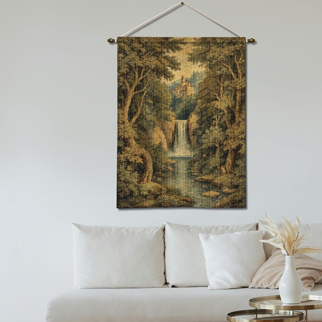 Waterfall Castle Woven Tapestry: Cottagecore Fantasy Art Wall Hanging ...