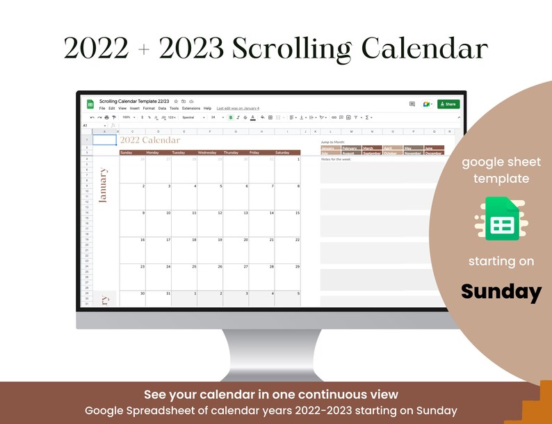 2022 2023 Continuous Scroll Google Spreadsheet Calendar - Etsy UK