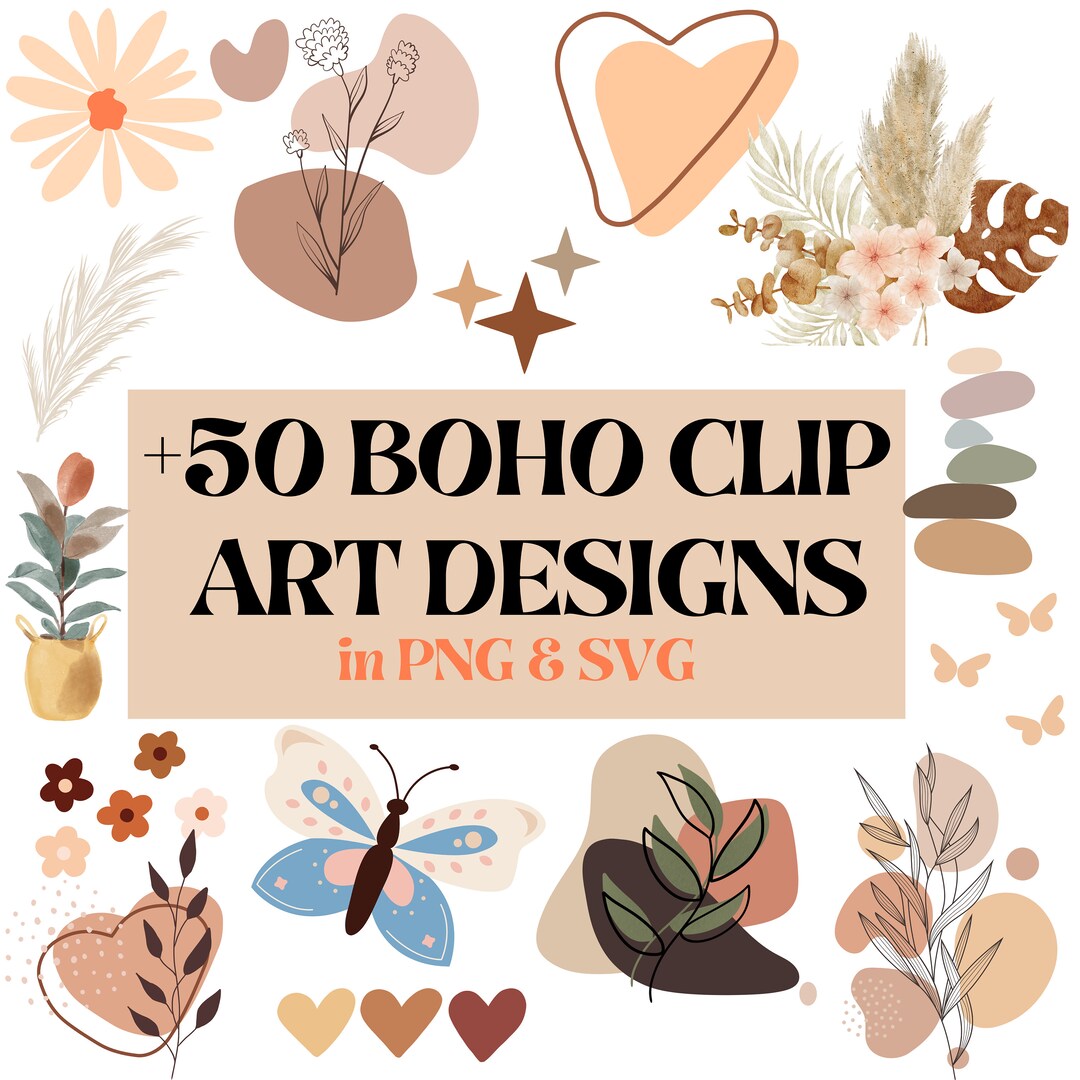 Boho Clip Art 50 Design Bundle in Watercolor Aquarell Style Commercial ...