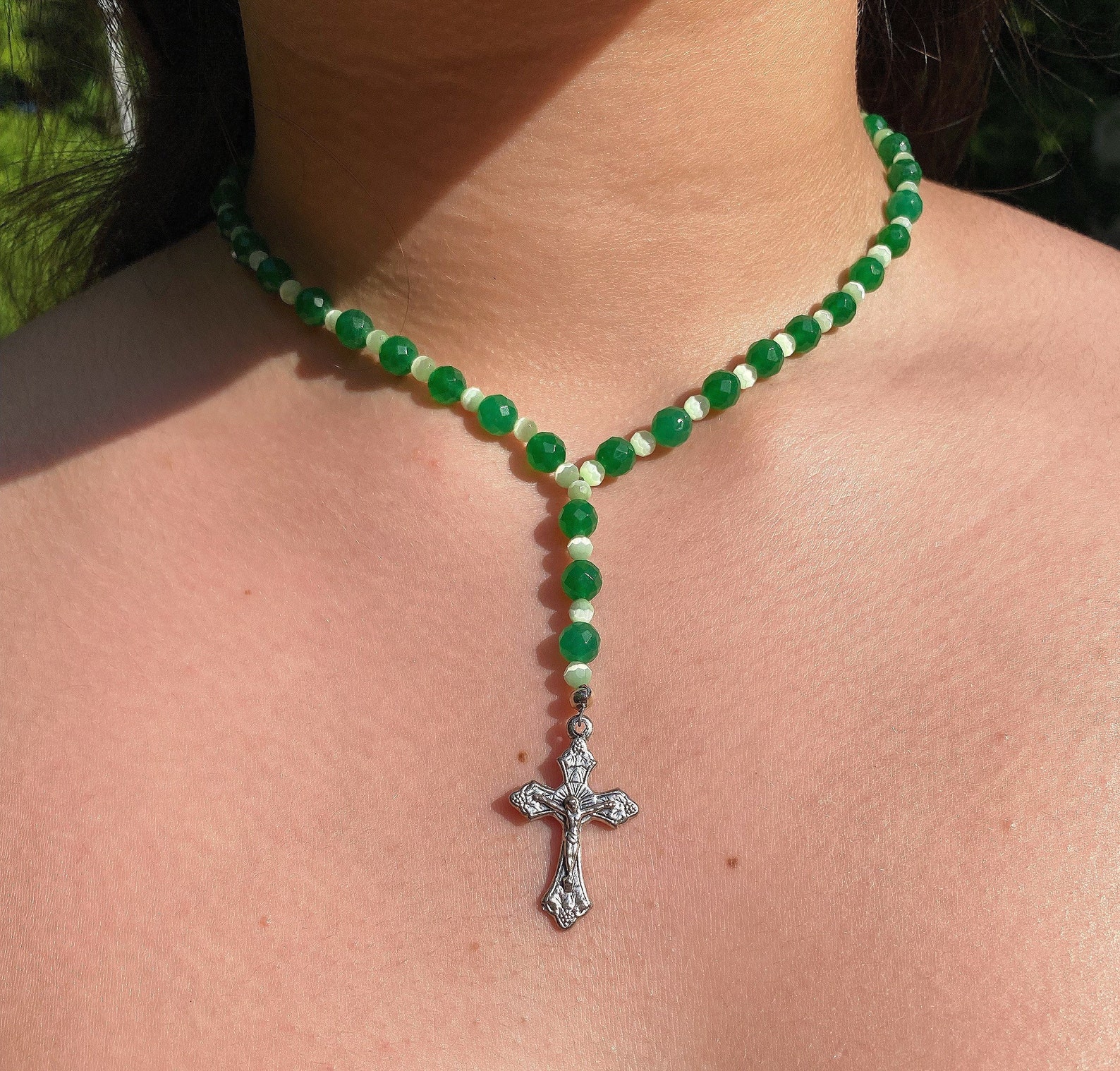 Green Jade Rosary Beaded Cross Necklace| Jade Rosary Necklace| Rosary ...