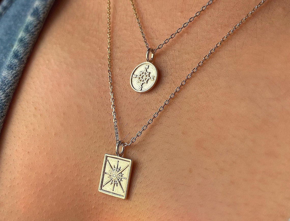 Double Compass Pendant Necklace Sterling Silver 925 | Yellow Plated ...