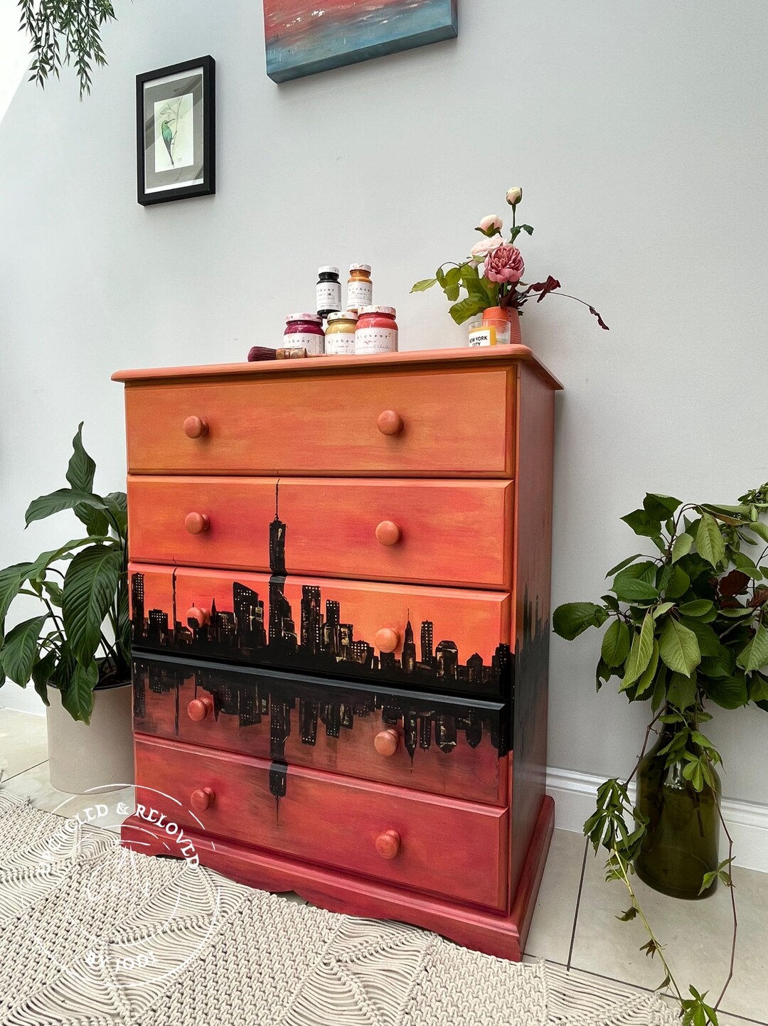 Painted Chest of Drawers With Sunset Ombre City Skyline. Tallboy Chest ...