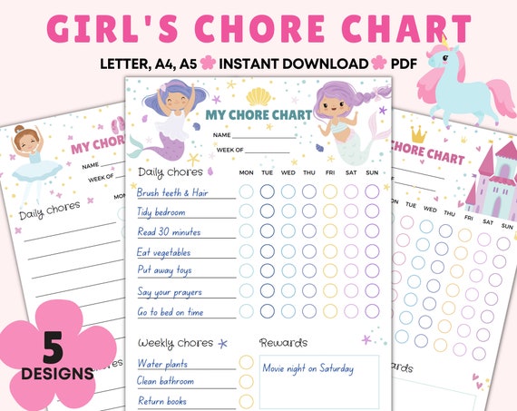 Chore Chart for Girls. Kids Chore Chart Printable. Kids | Etsy