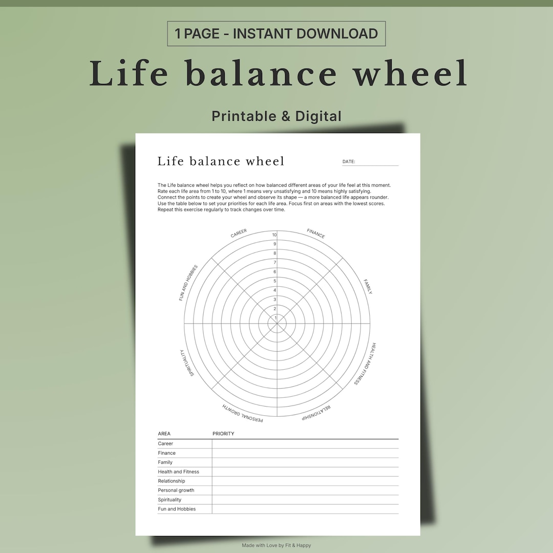 Life Balance Wheel Worksheet, Self Reflection, Goal Setting (PDF A4 A5 ...