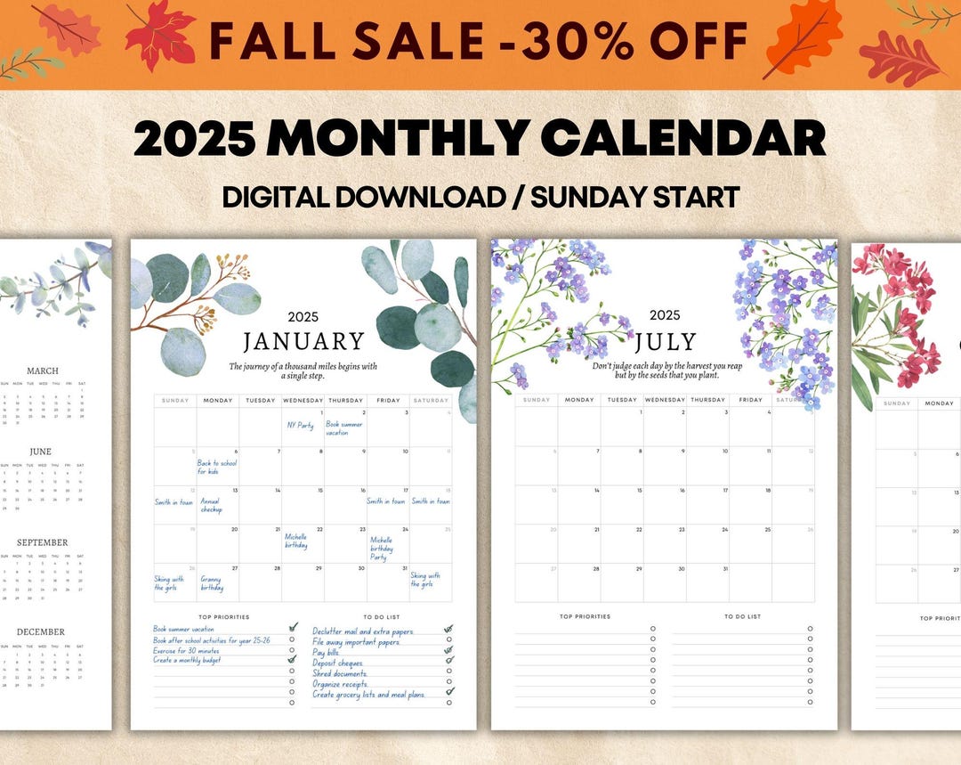 2025 Floral Monthly Calendar Printable, Sunday Start (digital Download ...