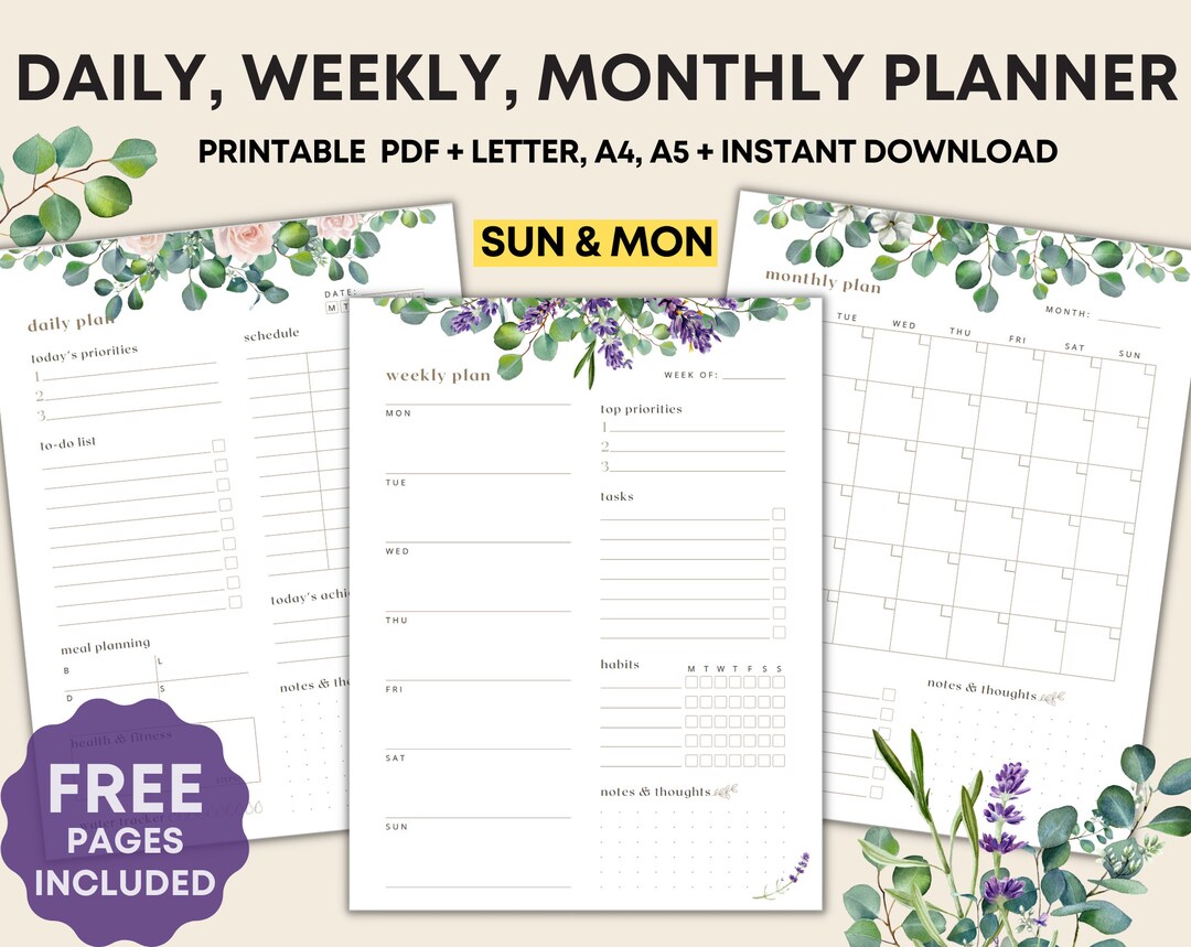 Daily Weekly Monthly Planner. Printable Planner. Planner Set. Planner ...