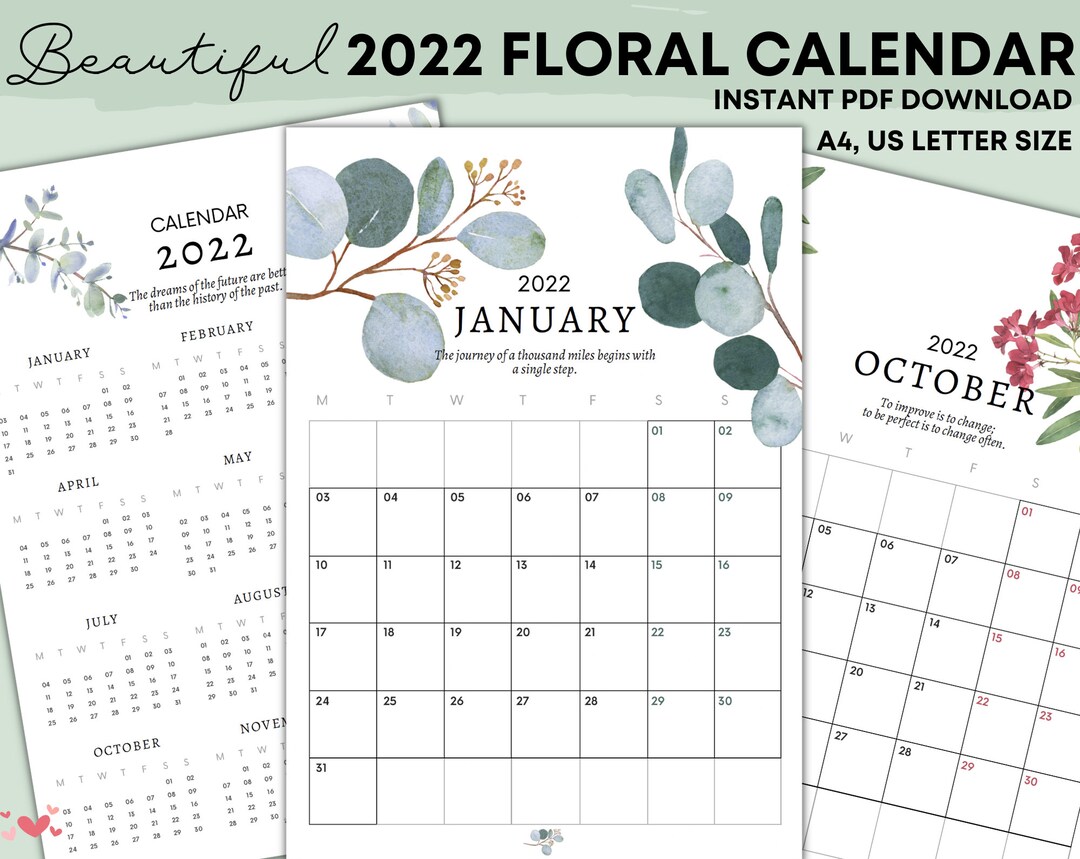 2022 Calendar Printable. Floral Calendar 2022. 2022 Calendar PDF. 2022 ...