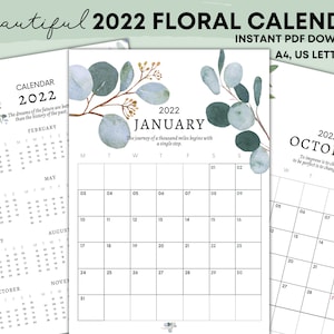 2022 Floral Calendar Printable, Monthly Planner (PDF Download) - Etsy