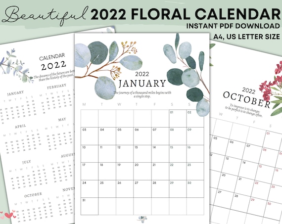 2022 Calendar Printable. Floral Calendar 2022. 2022 Calendar - Etsy