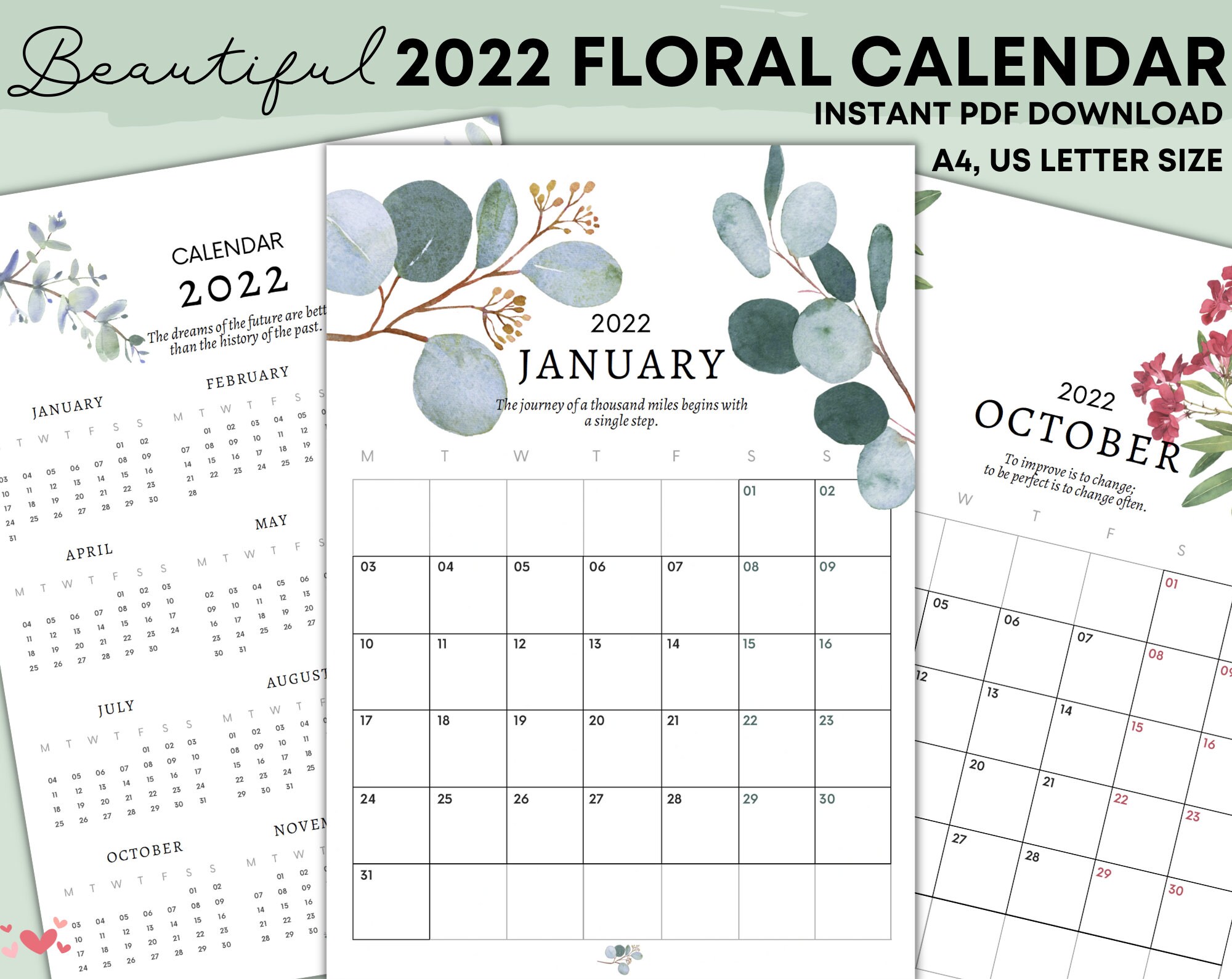 2022 Calendar Printable. Floral Calendar 2022. 2022 Calendar PDF. 2022 ...