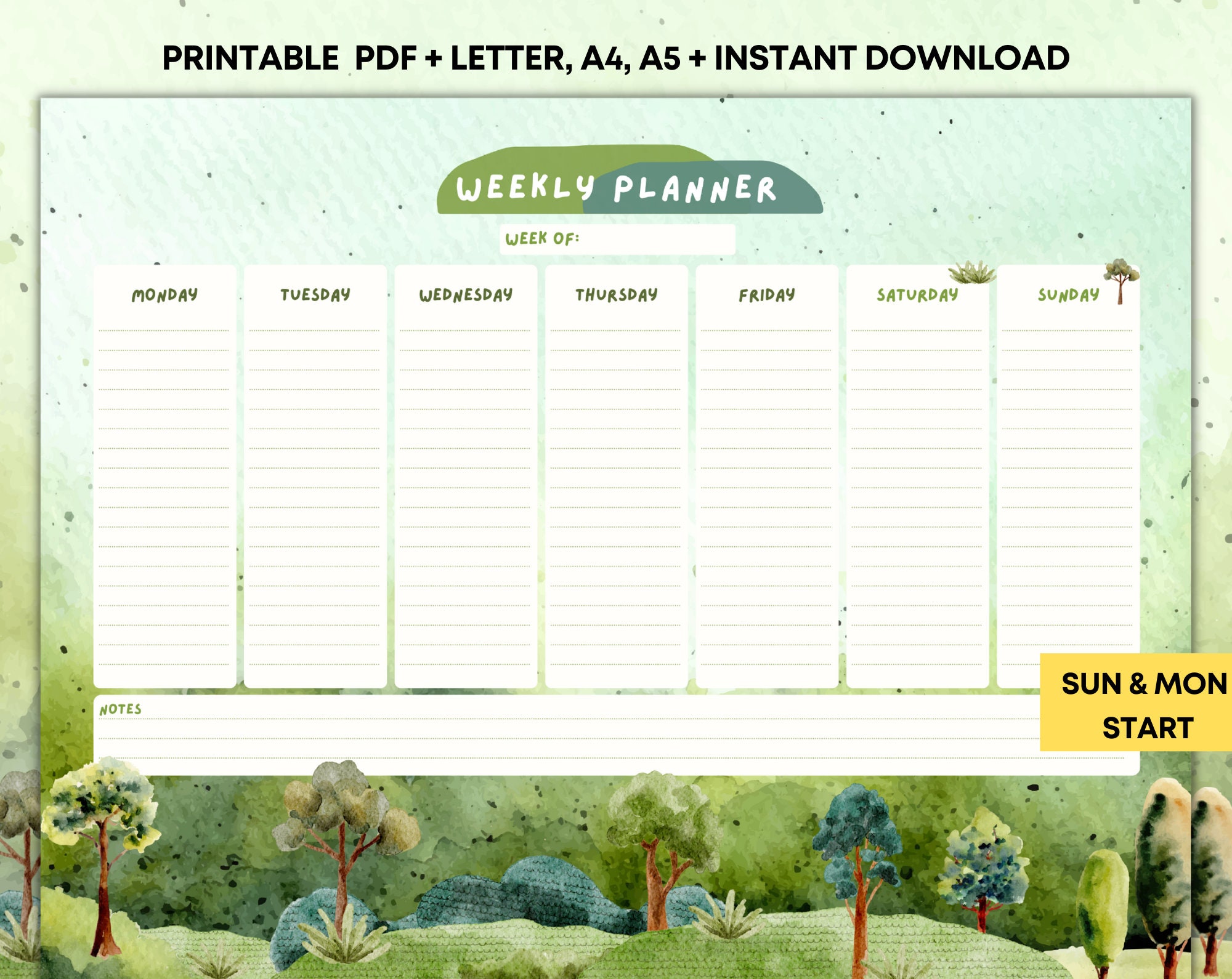 1 Page Weekly Planner Printable, Watercolor Planner, Horizontal Weekly ...