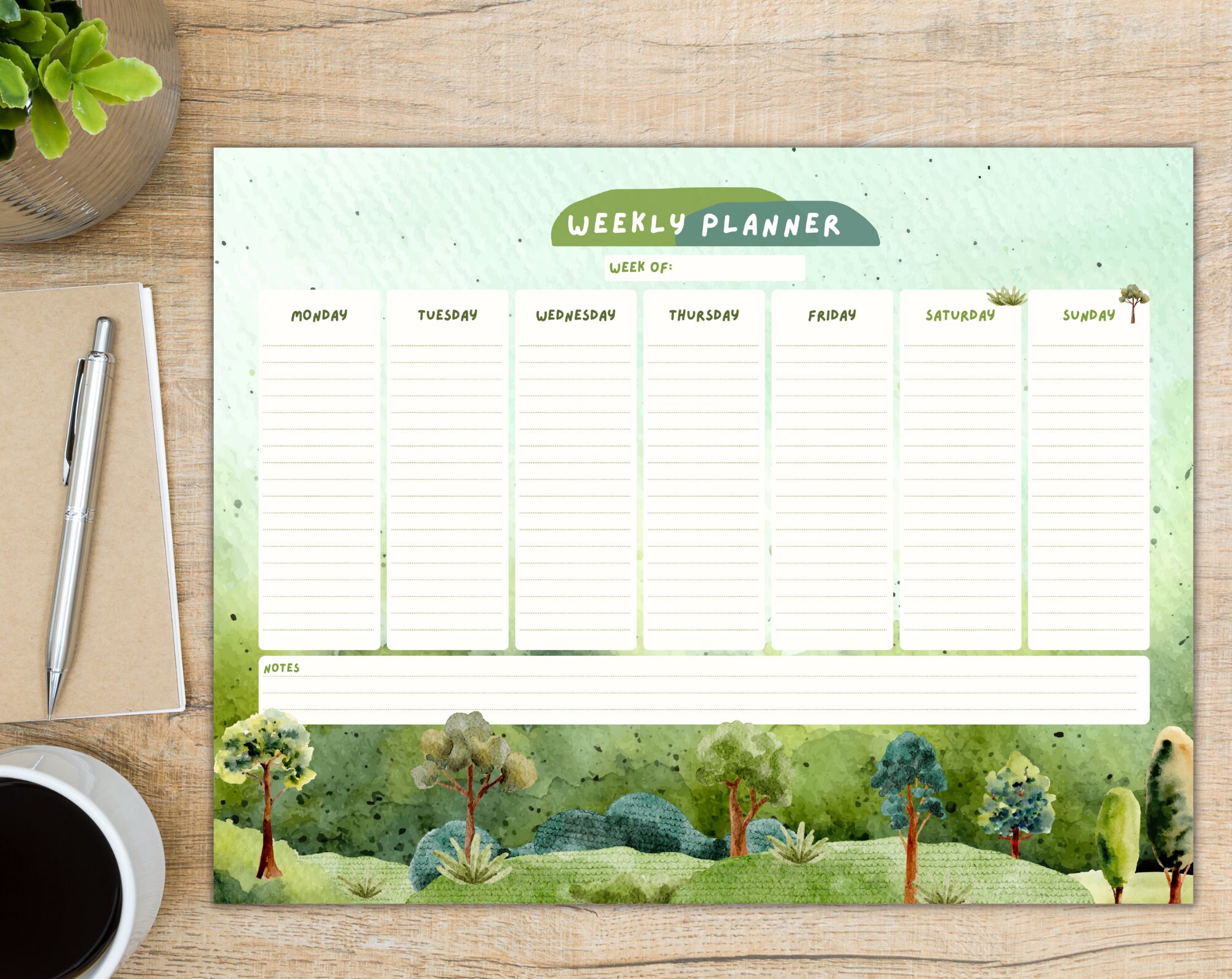 1 Page Weekly Planner Printable, Watercolor Planner, Horizontal Weekly ...