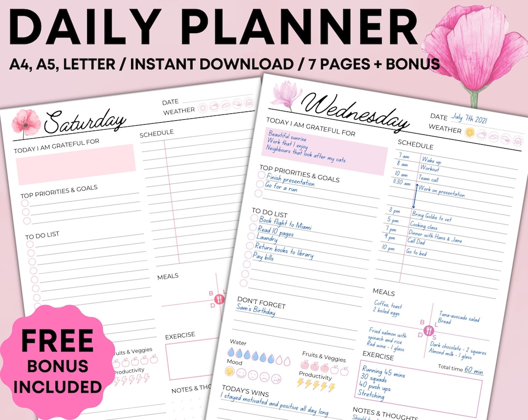 Printable Daily Planner, Floral Design, Weekly Bonus (digital Download ...