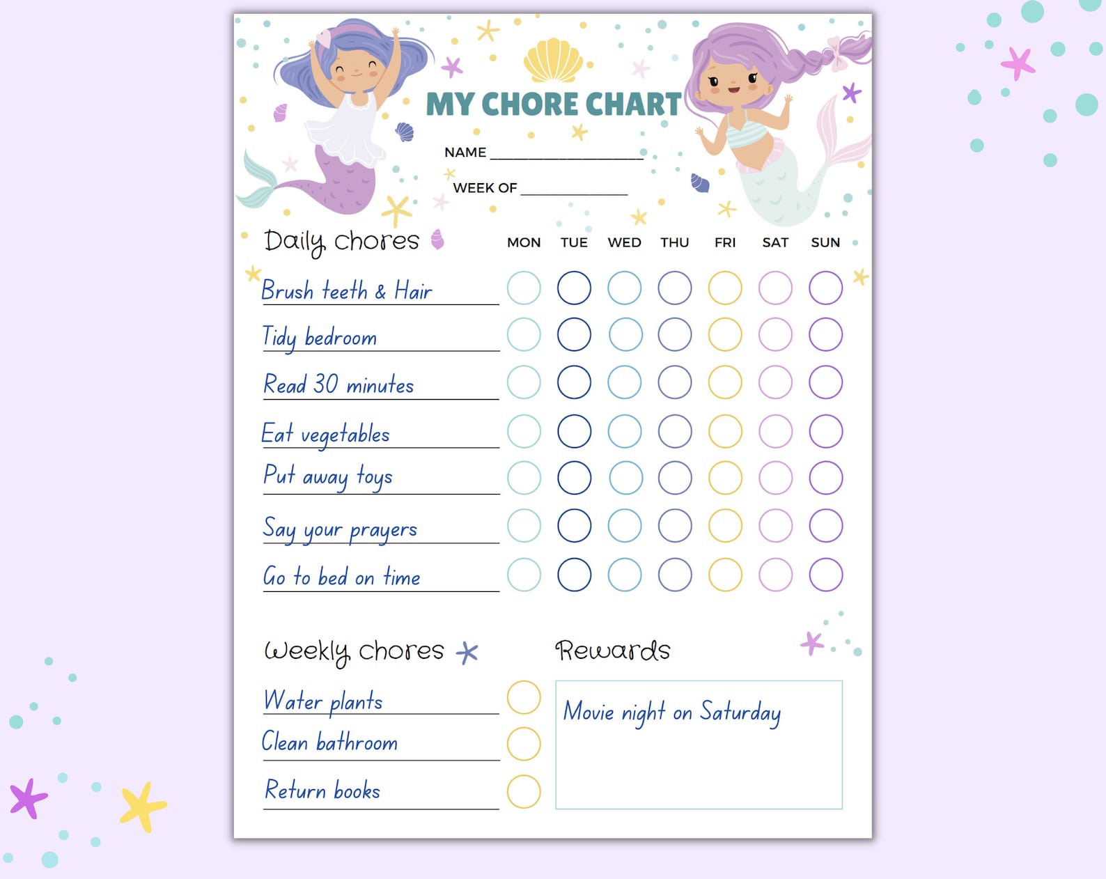 Chore Chart for Girls. Kids Chore Chart Printable. Kids - Etsy