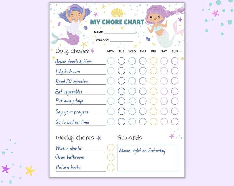 Chore Chart for Girls. Kids Chore Chart Printable. Kids - Etsy