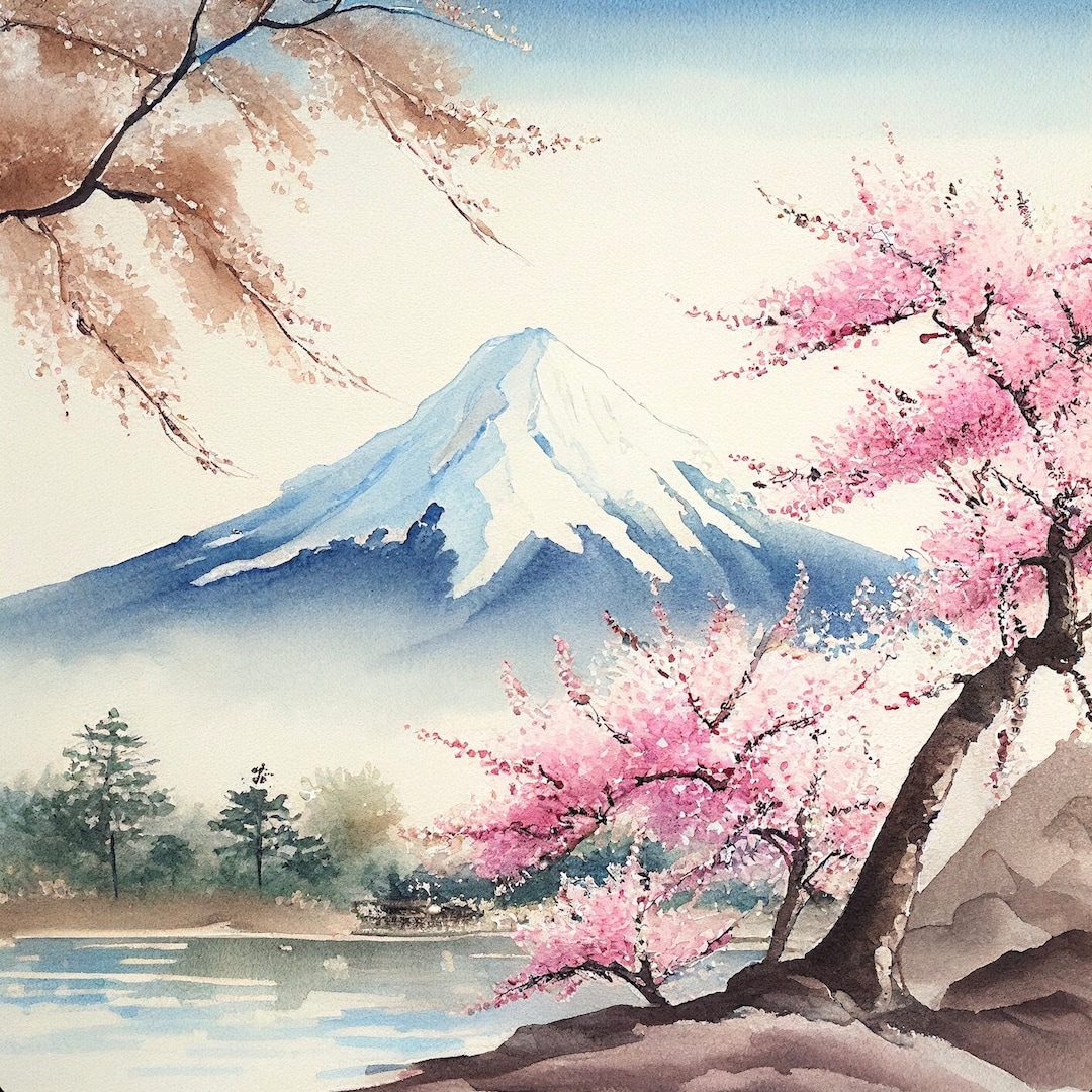 Japanese Cherry Blossoms | Mount Fuji | Digital Watercolor Painting ...