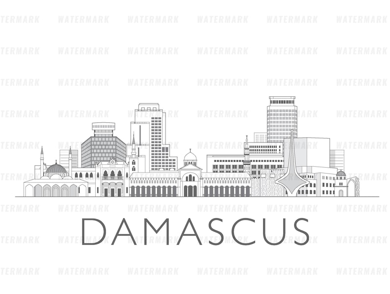 Damascus Skyline Cityscape Illustration Digital File Black and White - Etsy