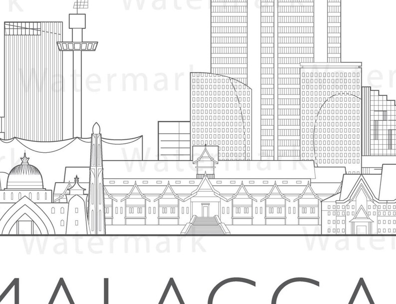 Malacca, Malaysia, Skyline Cityscape Illustration Digital File B&W - Etsy