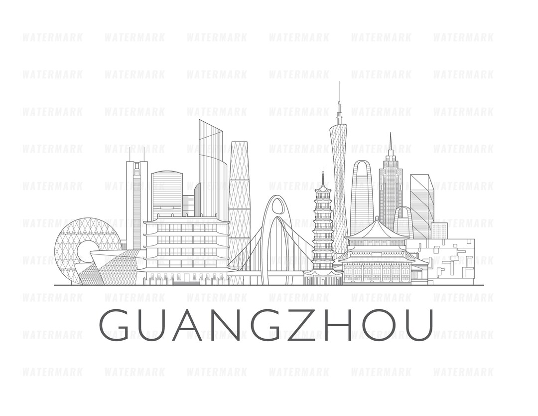 Guangzhou, China, Skyline Cityscape Illustration Digital File B&W - Etsy