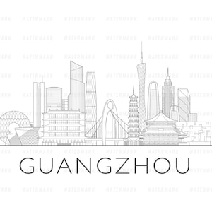 Guangzhou, China, Skyline Cityscape Illustration Digital File B&W - Etsy