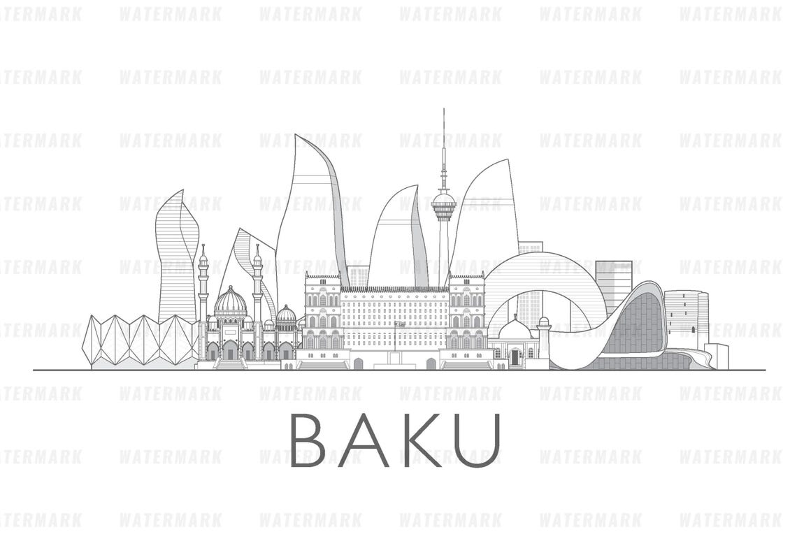 Baku City Skyline Cityscape Illustration Digital File Black and White ...