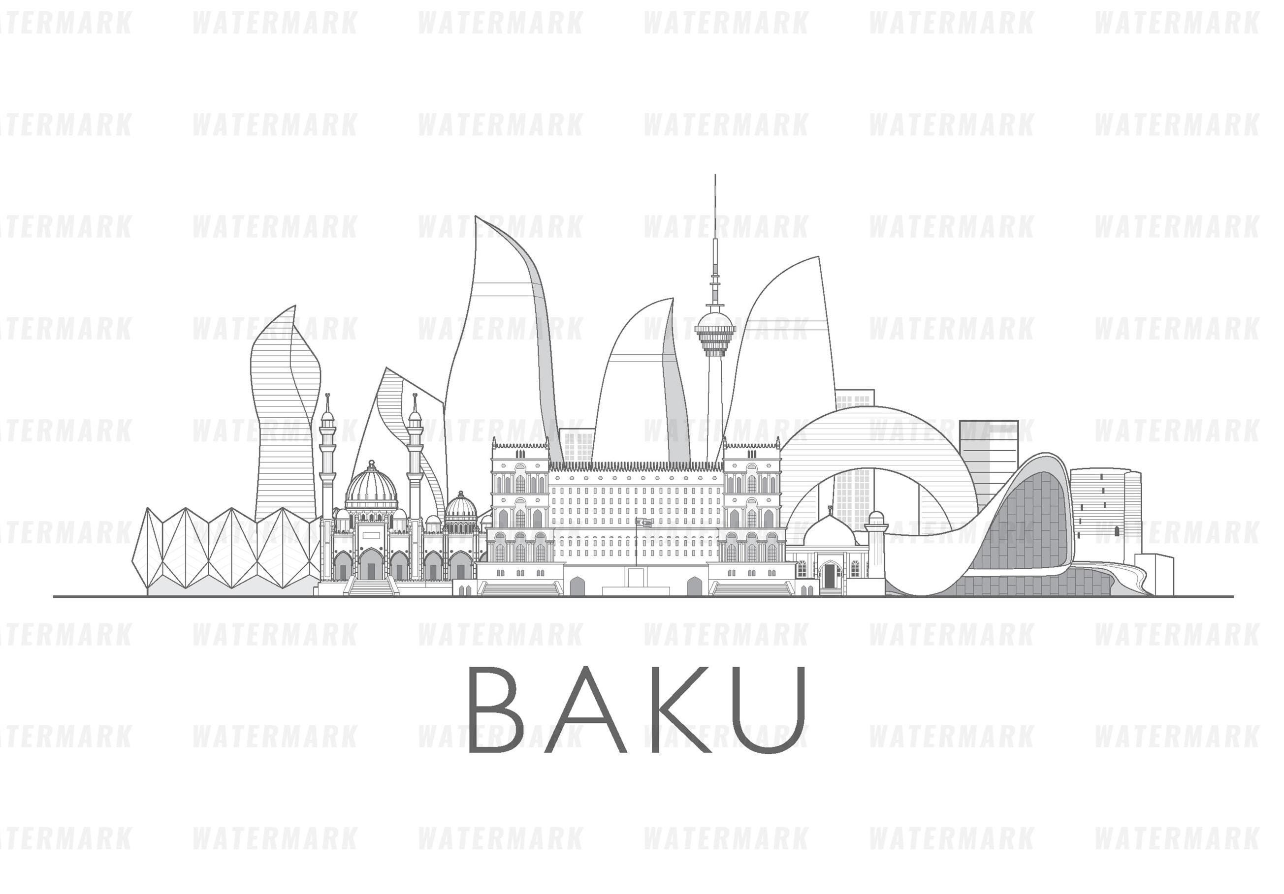 Baku City Skyline Cityscape Illustration Digital File Black and White ...