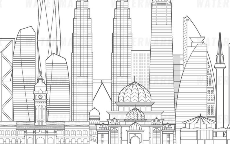 Kuala Lumpur, Malaysia, Skyline Cityscape Illustration Digital File B&W ...