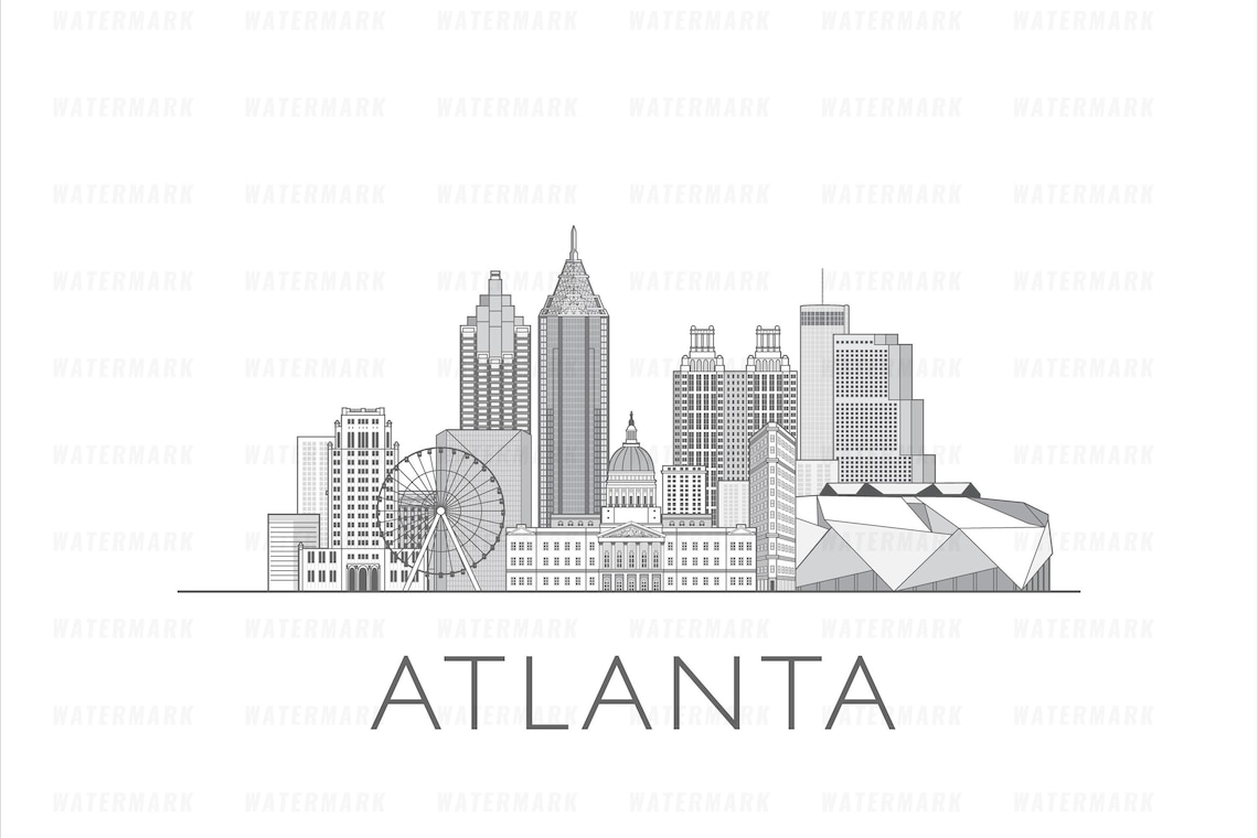 Atlanta, Georgia, Cityscape Illustration Digital File Black and White ...