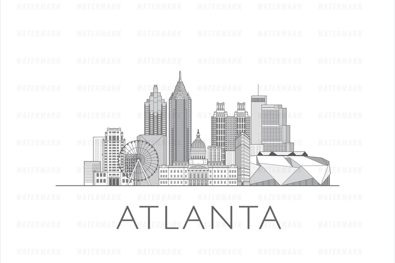 Atlanta, Georgia, Cityscape Illustration Digital File Black and White ...