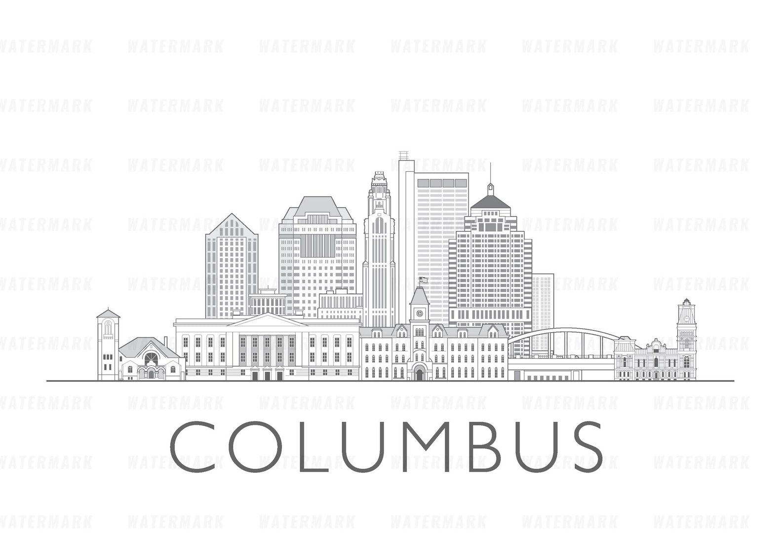 Columbus, Ohio Skyline Cityscape Illustration Digital File Black and ...