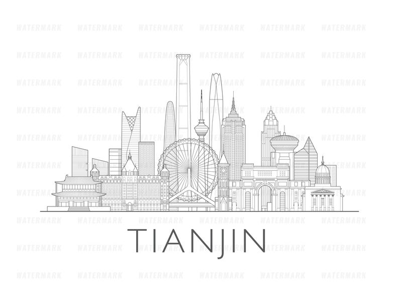 Tianjin, China, Skyline Cityscape Illustration Digital File B&W - Etsy