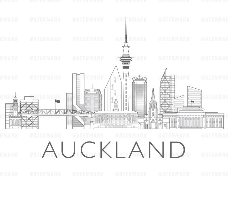 Auckland, New Zealand, Skyline Cityscape Illustration Digital File B&W ...