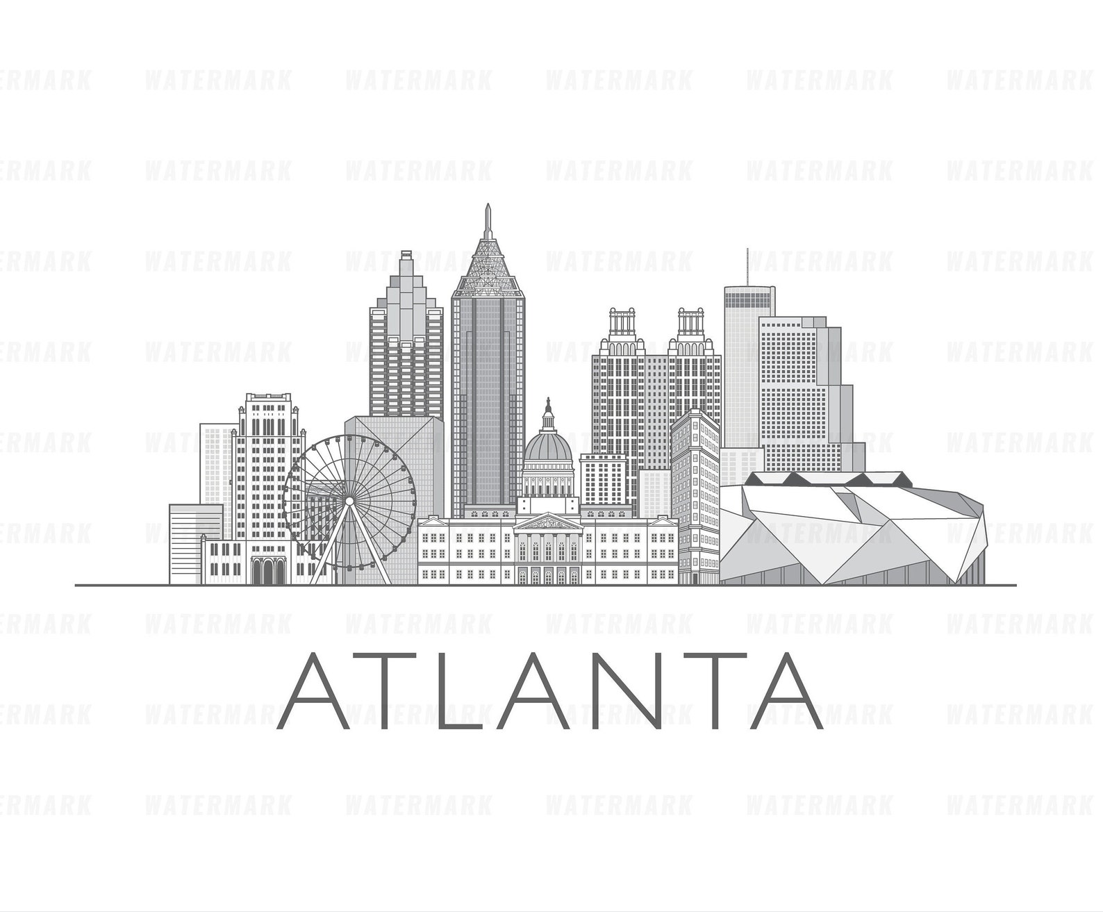 Atlanta, Georgia, Cityscape Illustration Digital File Black and White ...