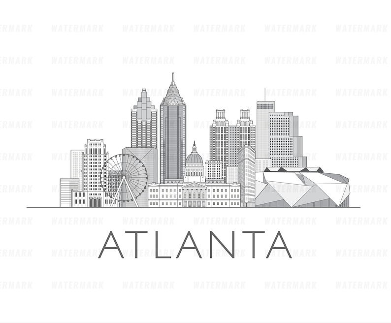 Atlanta, Georgia, Cityscape Illustration Digital File Black and White ...