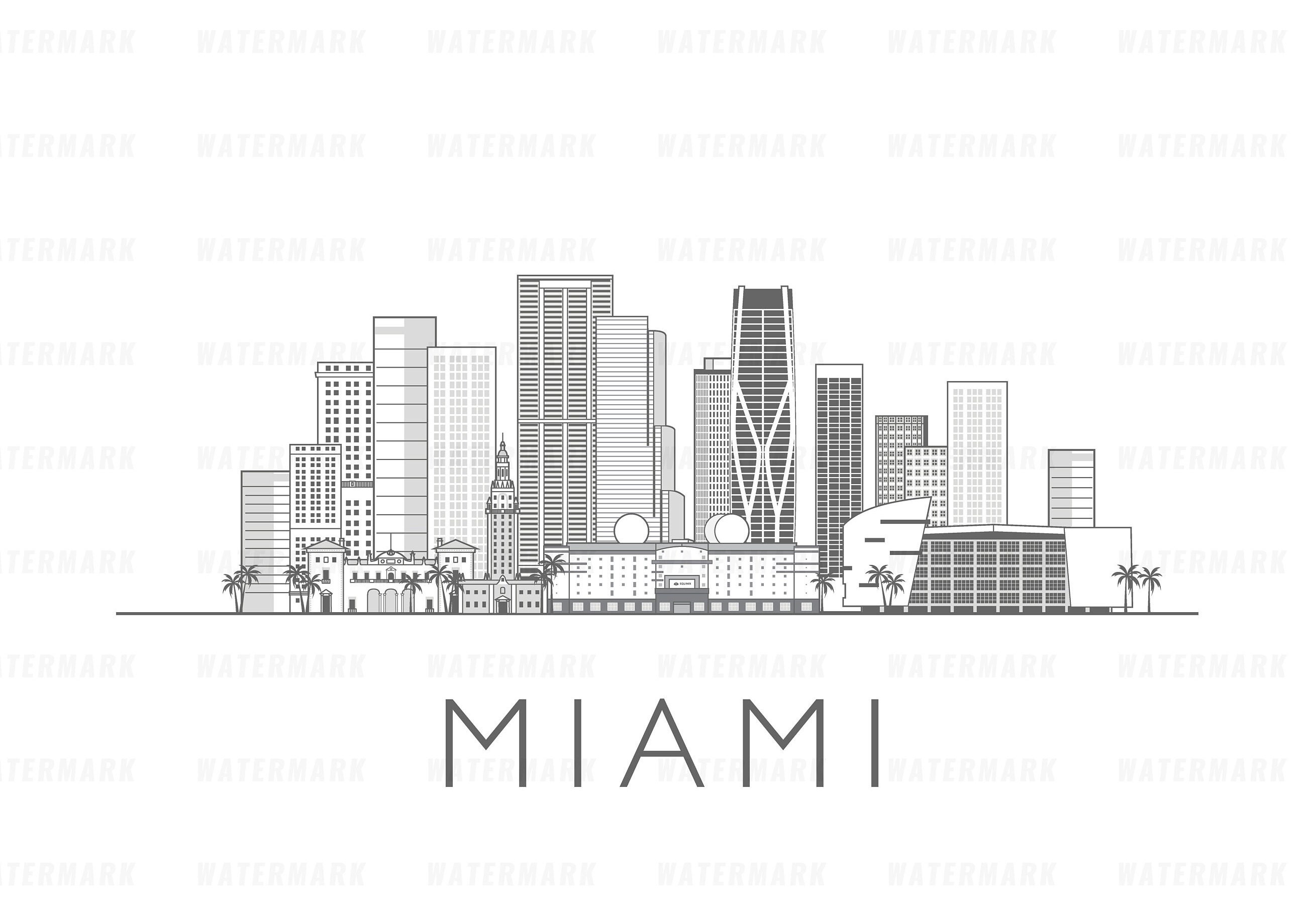 Miami, Florida Cityscape Illustration Digital File With Printing Rights ...